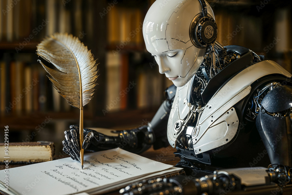 Robot AI writer with a quill pen, artificial intelligence job ...