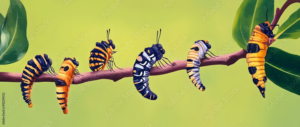 Butterfly development stages - caterpillar larva, pupa, imago. Life ...