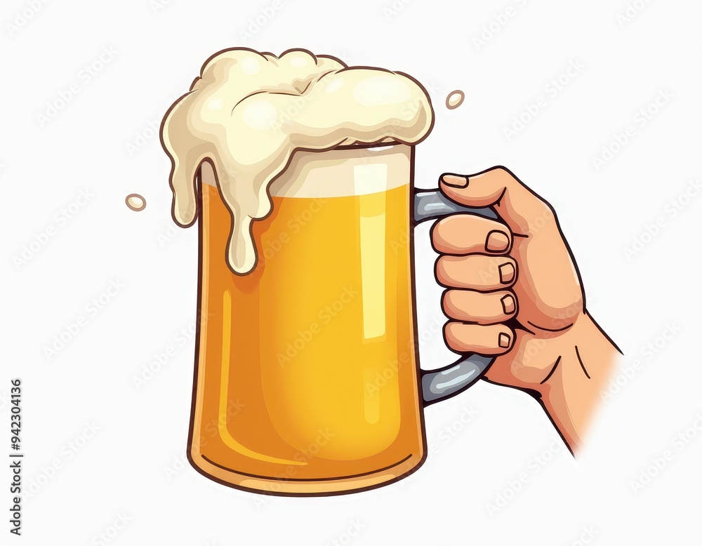 Hand gripping overflowing beer mug with frothy foam, vibrant cartoon ...