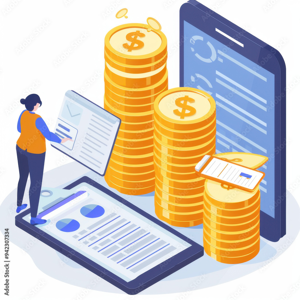 A character is depicted pushing a large coin towards a front-facing ...