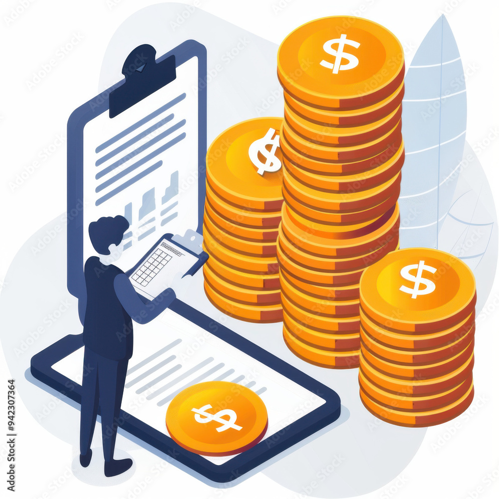 A character is depicted pushing a large coin towards a front-facing ...