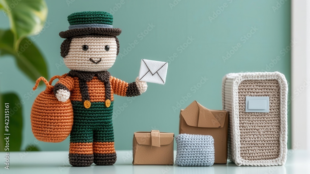 Crochet amigurumi postman with a mailbag and a tiny letter in hand ...