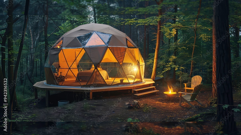 A cozy geodesic dome tent with a wood floor and a chair set up in front ...