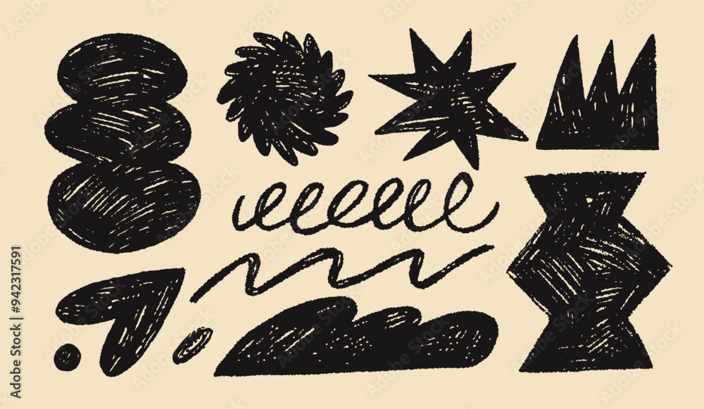 Abstract linocut geometric funky shapes and stickers. Abstract retro ...