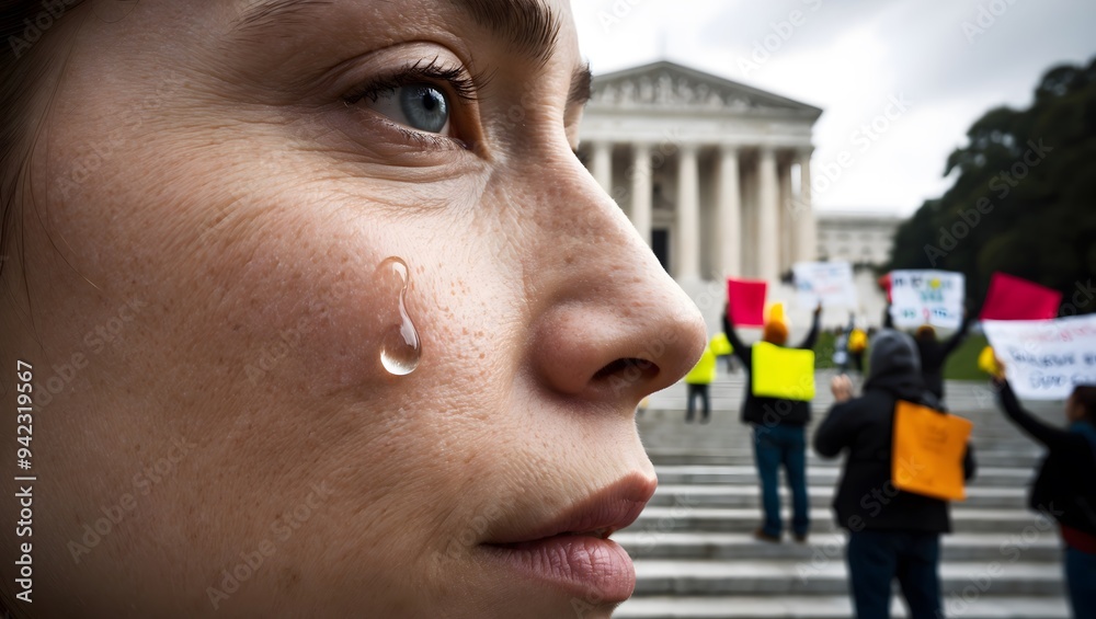 A young woman with a tear on her cheek stands amidst a protest ...