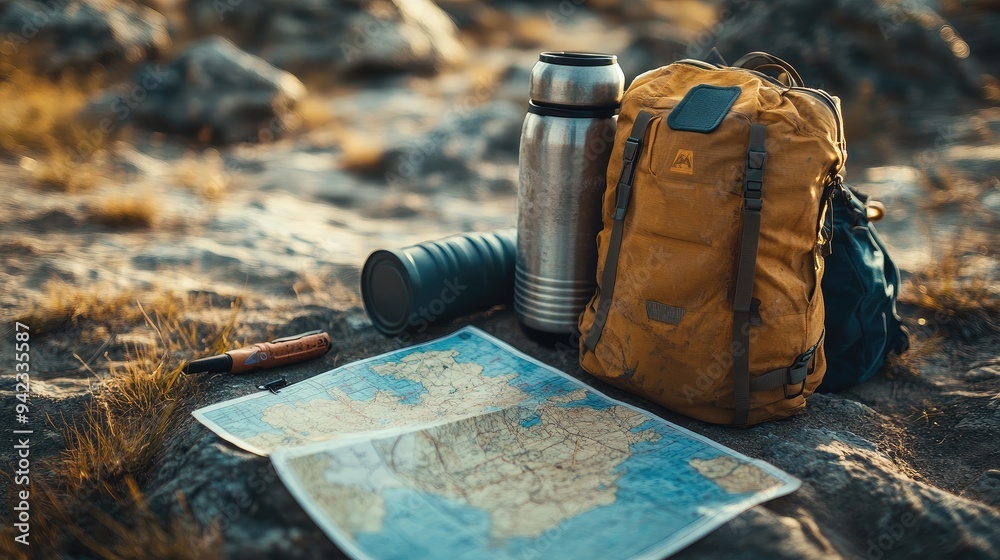 A close-up of a desert survival kit with essential gear like water ...