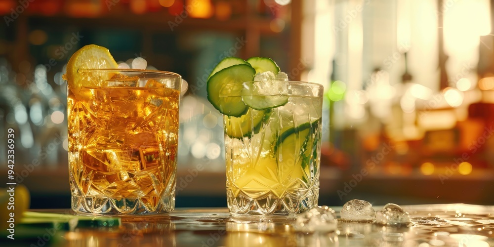 Gin cocktails in highball and rocks glasses with cucumbers and lemon ...