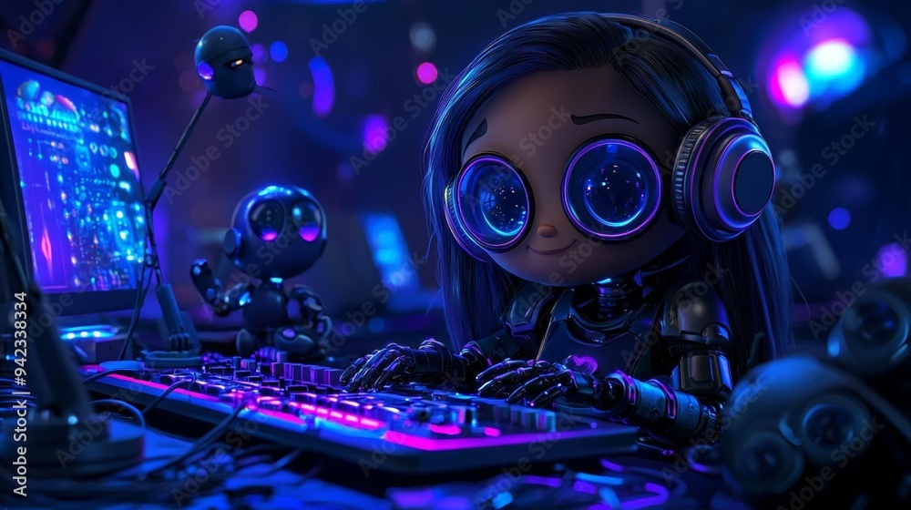 Craft a groovy cartoon scene of robots learning to boogie at a disco ...