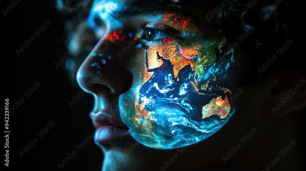 Poster Close-up of a human face with a map of the Earth projected onto ...