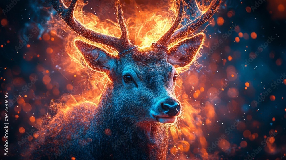 Fiery Deer: A majestic deer's silhouette emerges from a blaze of fire ...