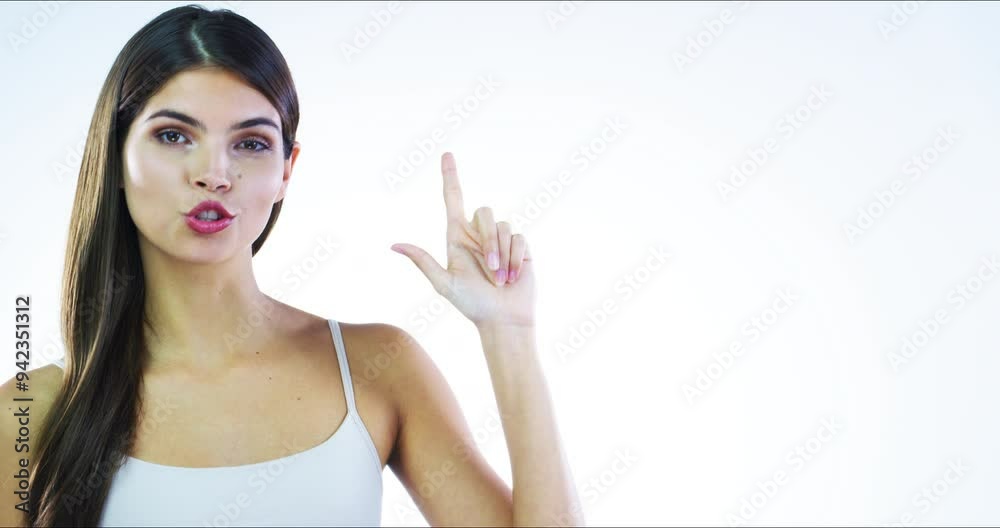 Attractive woman, countdown and hand pointing in advertising or ...