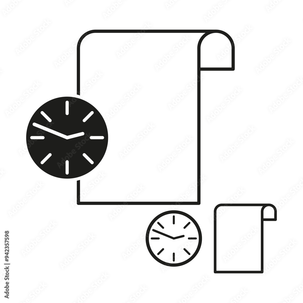 Time and document icons. Clock face symbol. Paper scroll outline ...