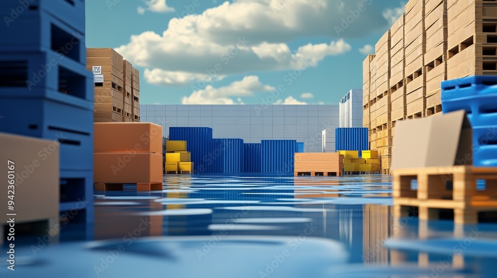 Flooded warehouse with stacked shipping containers and pallets. The ...