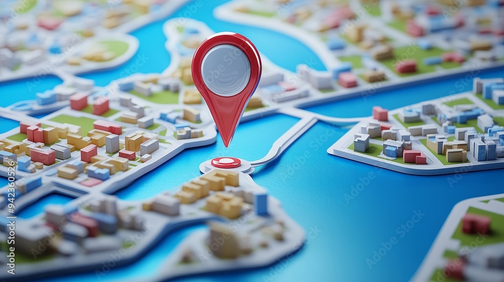 Red pin marker on a miniature city map, highlighting a specific ...