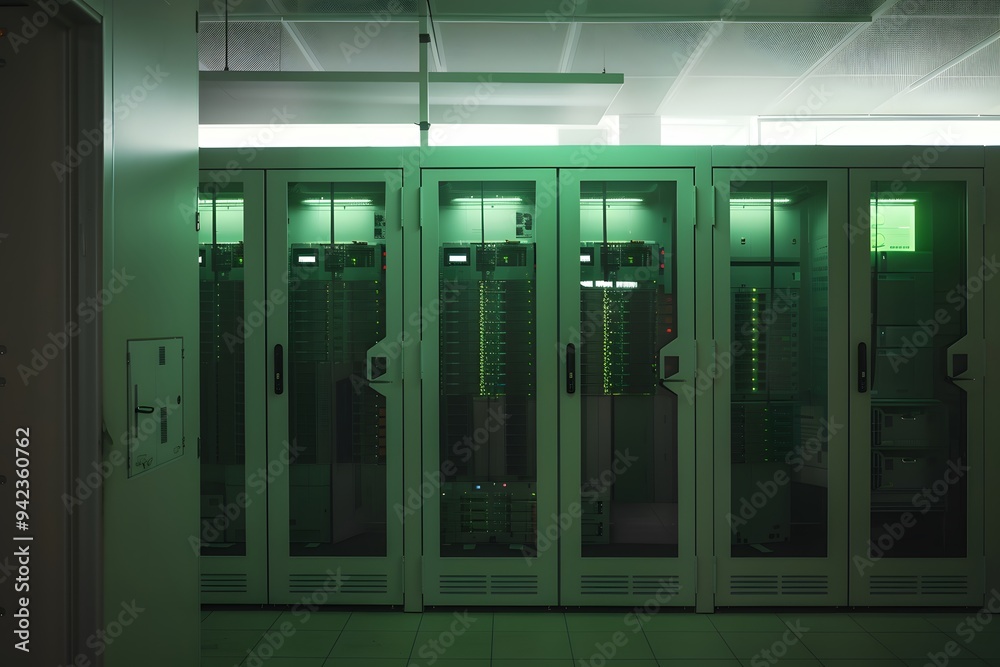 A photo of an unobtrusive server room with several large, silver and ...