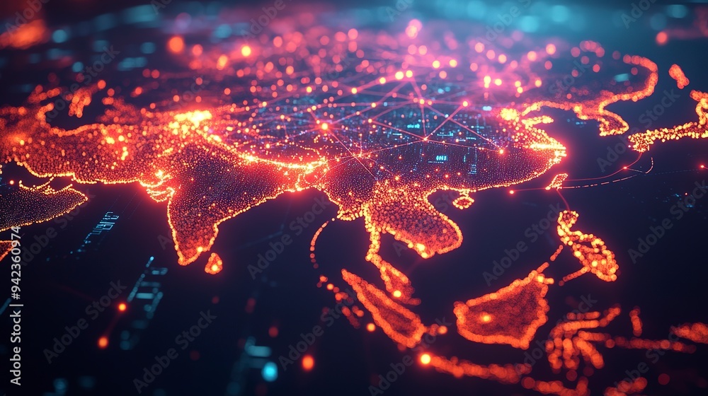 a detailed digital map of Asia showcasing glowing digital connections ...