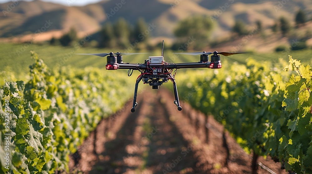 Advanced smart technology monitors a vineyard from a drone, driving ...