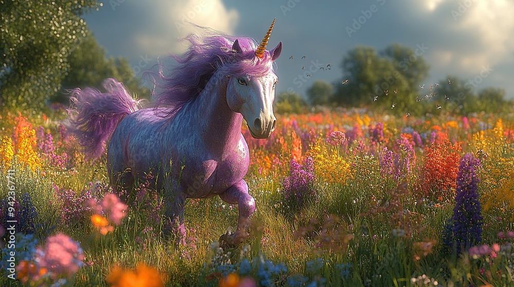 A vibrant flower field is trotted through by a purple unicorn horse ...