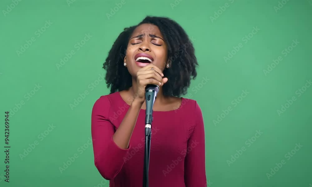 Woman singing passionately into microphone green screen background with ...