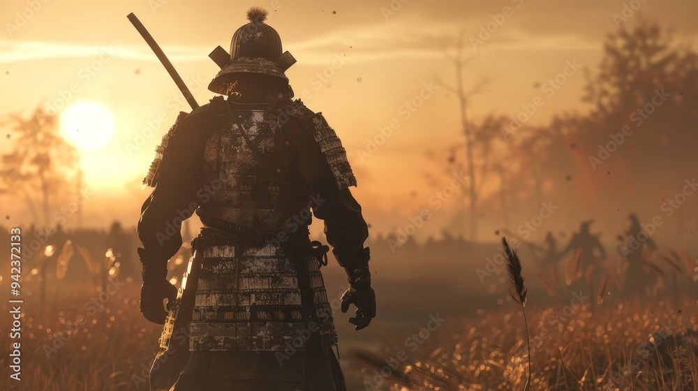 Render a 3D samurai standing in a battlefield at dawn, with the first ...