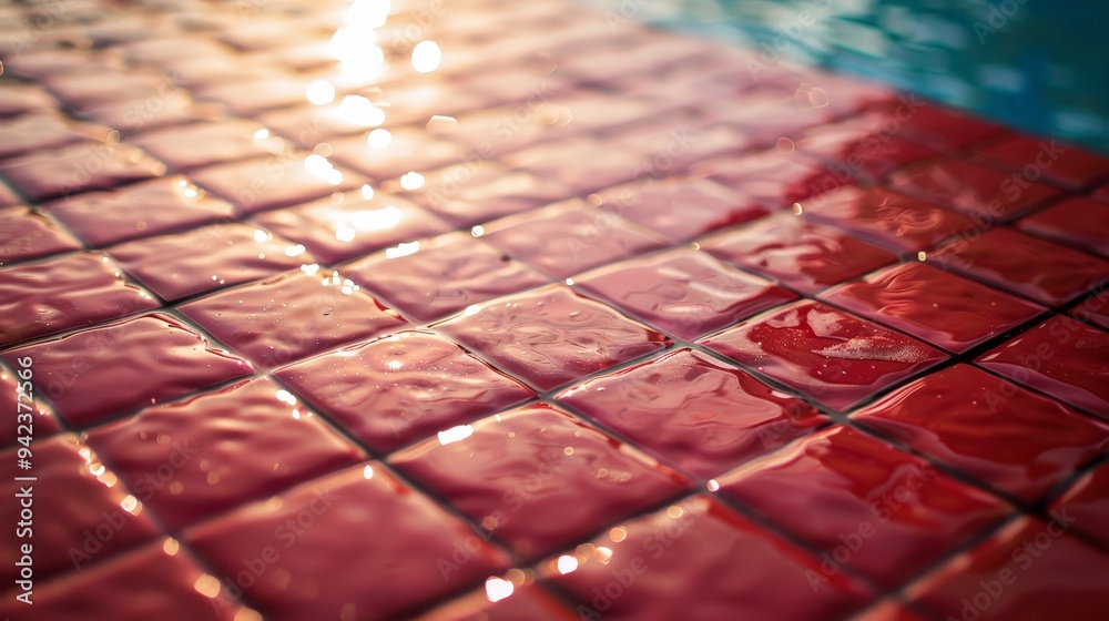 Show a close-up of red pool tiles glistening under the sun ...