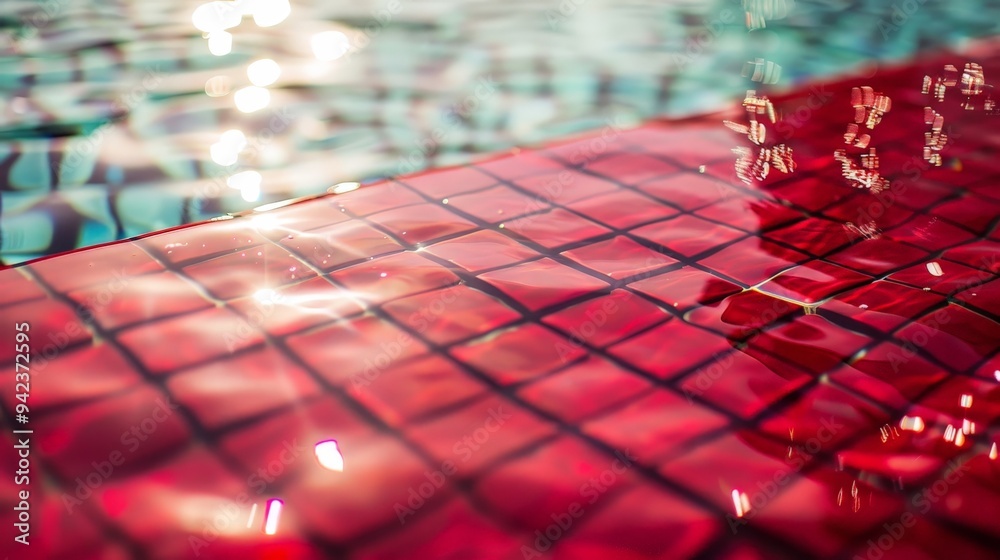 Show a close-up of red pool tiles glistening under the sun ...