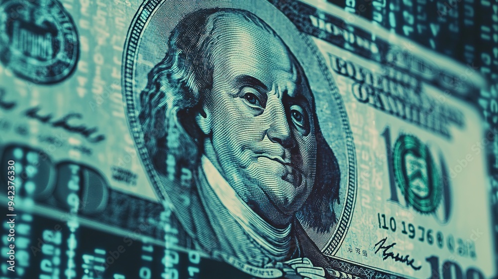 Double exposure of a 100 dollar bill with digital numeric codes, close ...