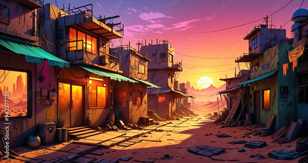 cyberpunk town city wasteland in the desert at sunset. futuristic ...