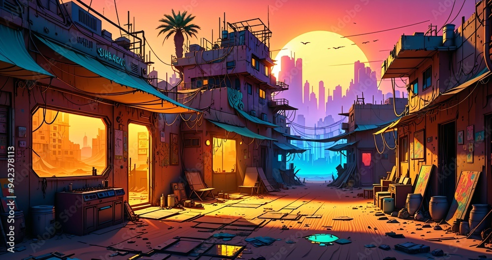 cyberpunk town city wasteland in the desert at sunset. futuristic ...