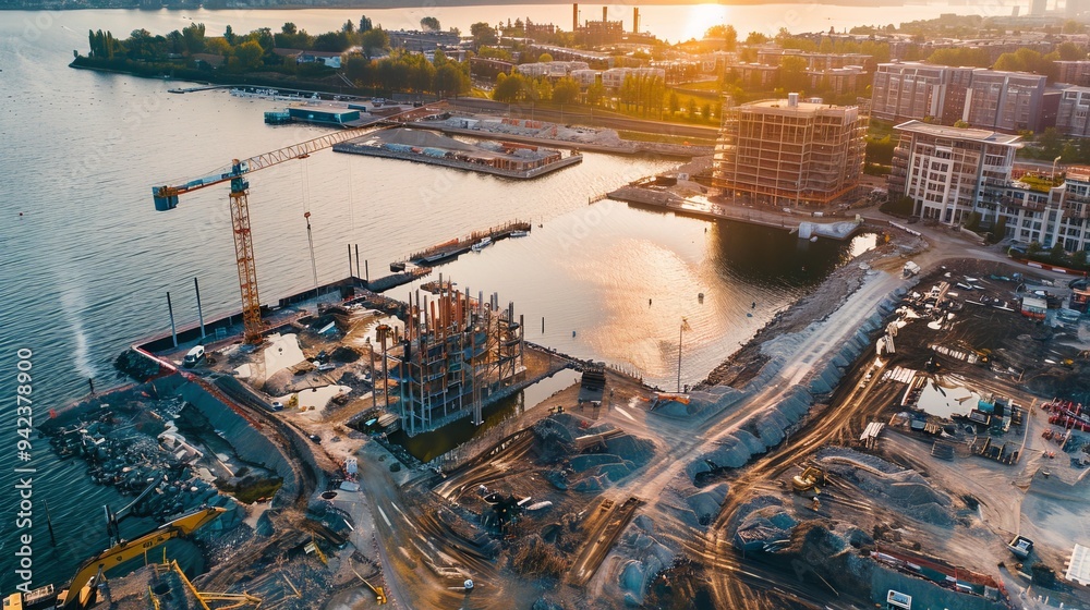 The construction of a waterfront development, featuring luxury ...