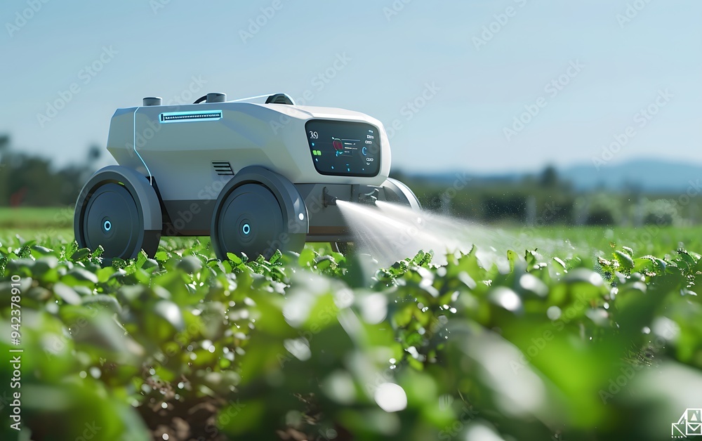 3D rendering of an AI robot working in the field, spraying water on ...