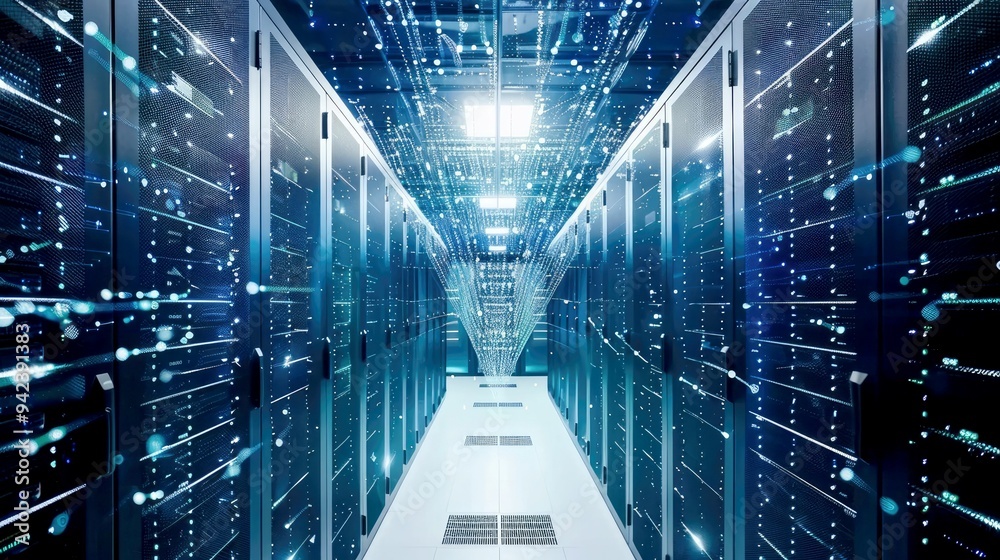 Server Racks in a Data Center with Abstract Blue Light Trails Stock ...