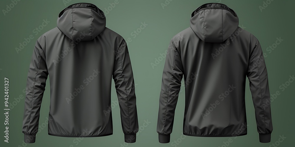 Front and back view of a blank windbreaker jacket mockup with a zip ...