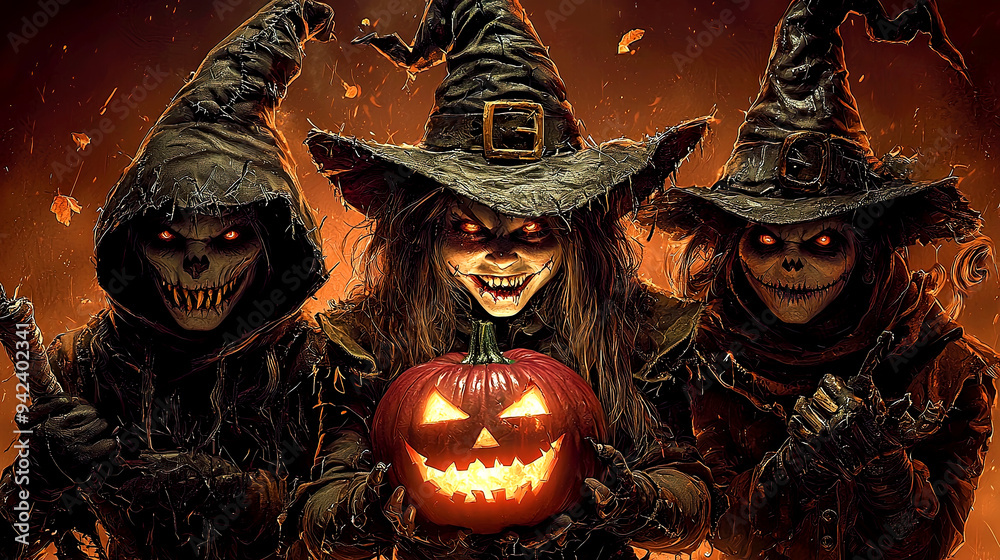 Trio of Halloween demon witches with a jack-o-lantern pumpkin, eerie ...