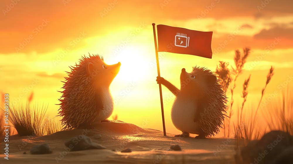 Cute Yet Heroic Hedgehog Standing Victorious with a Flag Featuring a ...