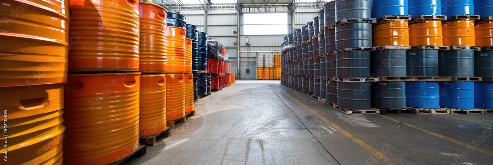 Stacked plastic containers on pallets in a storage space, drum ...