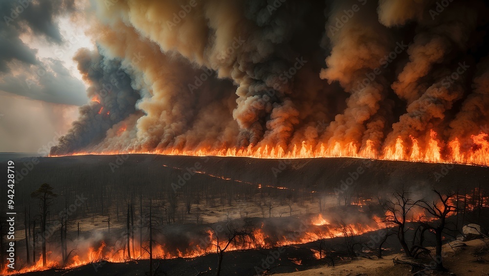 Wall of fire. Wildfire with flames stretching across horizon, thick ...