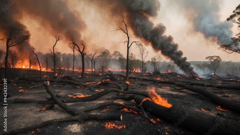 Charred trees. Wildfire flames subsiding, thick smoke lingering ...