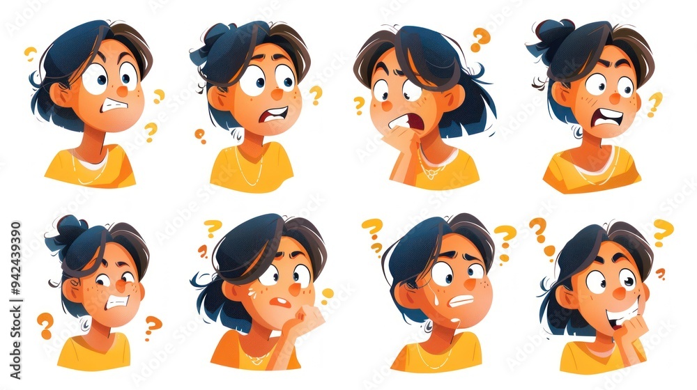 Confused girl cartoon character, various poses with question marks ...