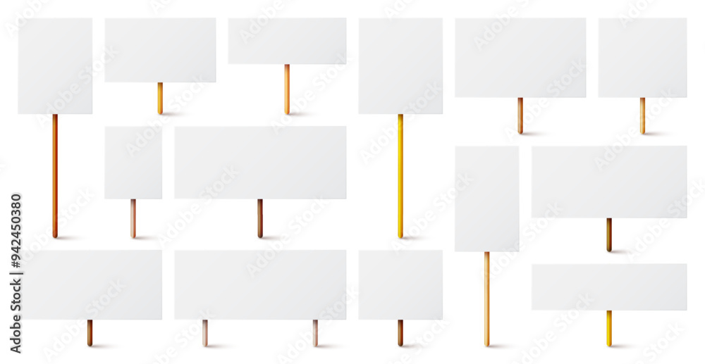 Blank white protest sign with wooden holder. Various realistic vector ...