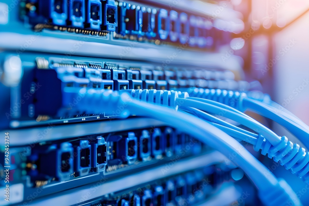 Closeup of network switch with neatly arranged wires and blue plates ...