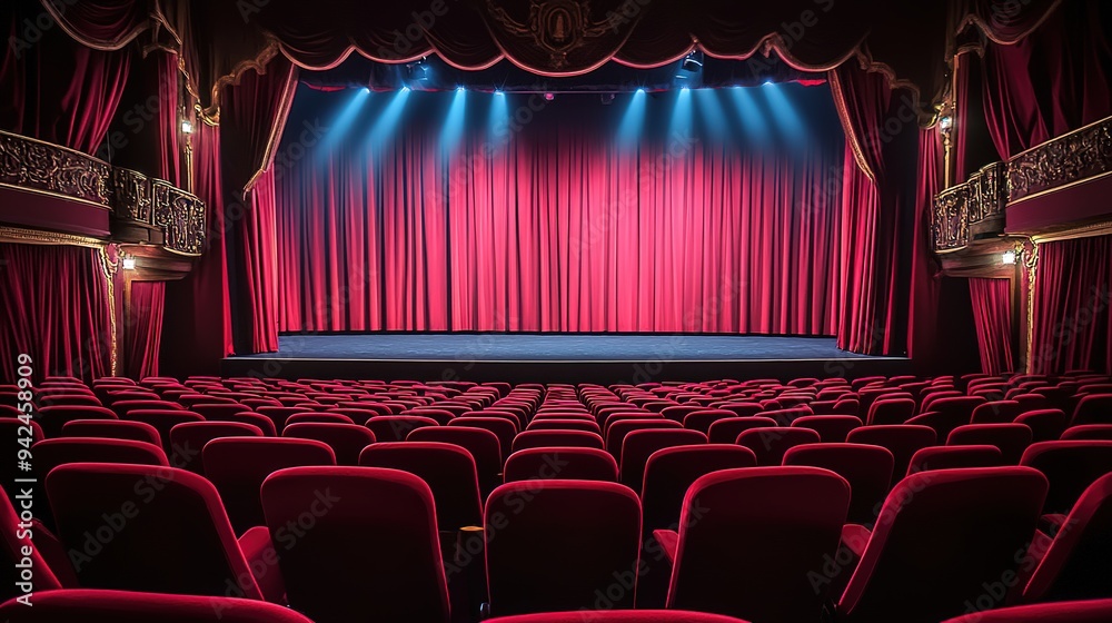 Elegant Theater Interior: Grand Stage with Red Velvet Curtains, Plush ...