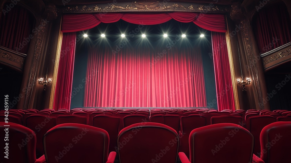 Elegant Theater Interior: Grand Stage with Red Velvet Curtains, Plush ...