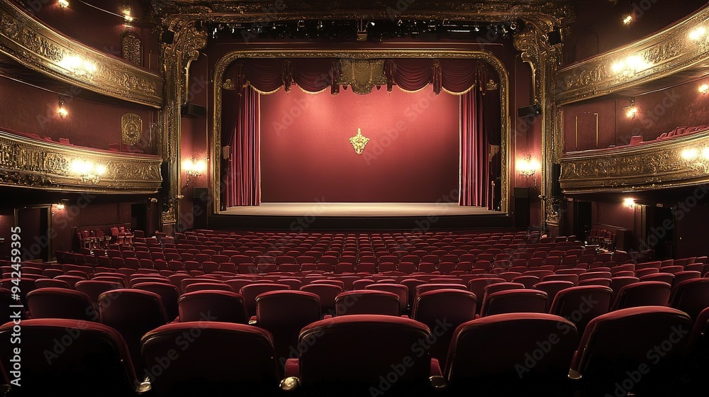 Elegant Theater Interior: Grand Stage with Red Velvet Curtains, Plush ...