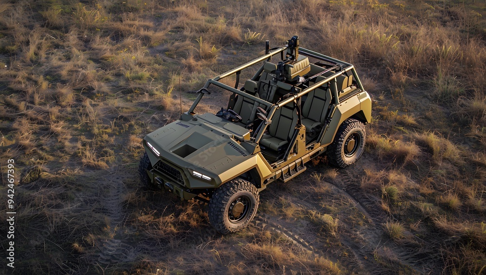 A military electric vehicle with four seats and two gun turrets on the ...