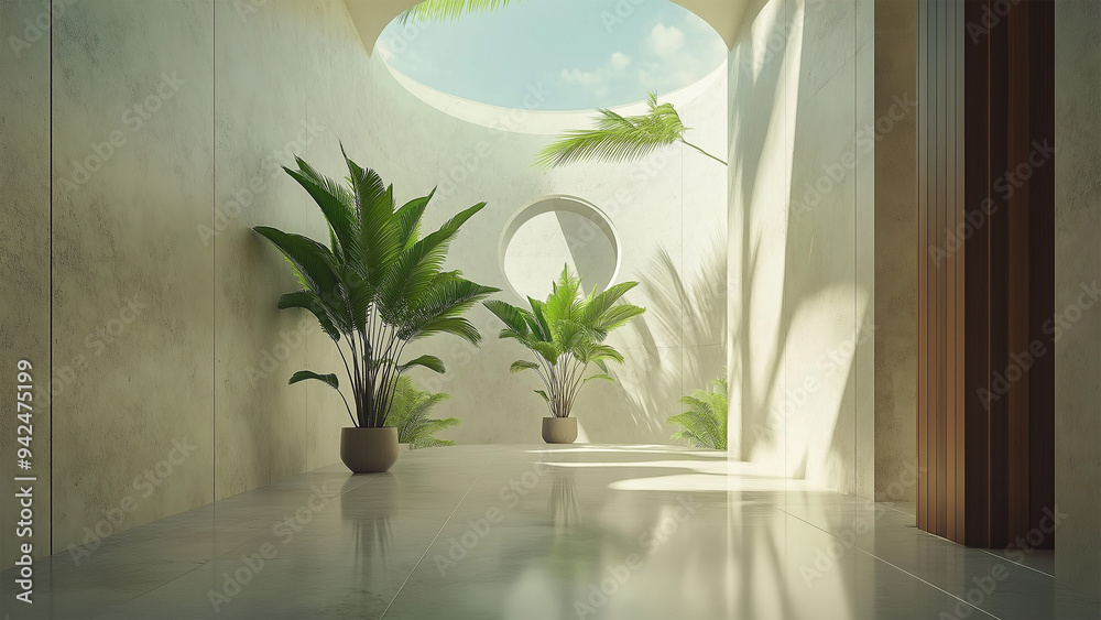 The open layout of this modern space, with its circular skylight, is ...