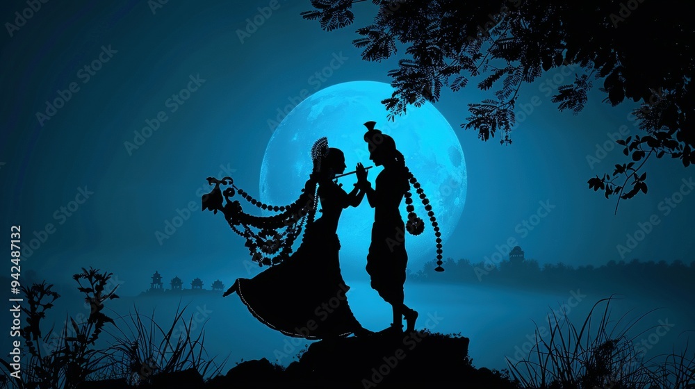 Silhouette of Radha and Krishna under a full moon Stock Illustration ...