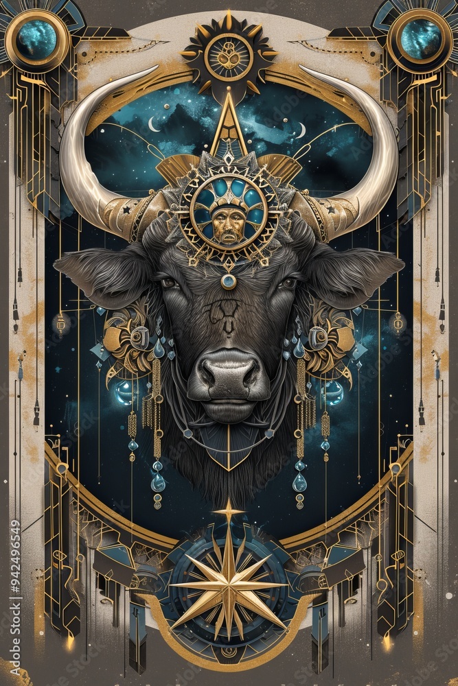 Card-style Taurus illustration features dark gray, gold, and azure ...
