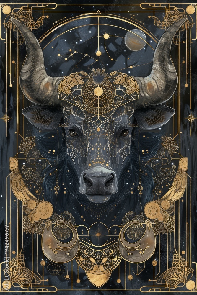 Card-style Taurus illustration in dark gray, gold, and azure showcases ...