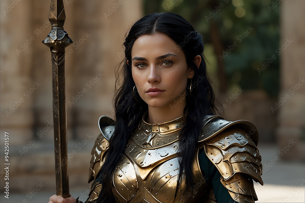 A majestic half-elven female gladiator stands proudly in a sun-drenched ...